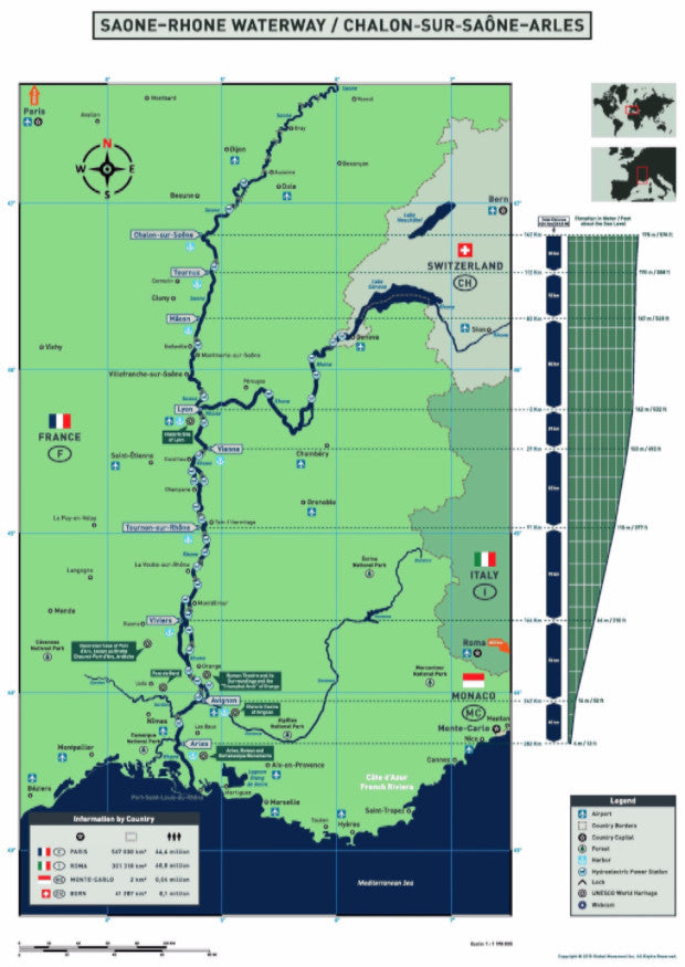 European River Cruise Map Saone-Rhone Waterways/Chalon-Sur-Saone-Arles ...