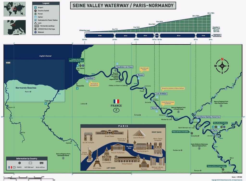 European River Cruise Map / Seine Valley Waterways / Paris-Normandy ...